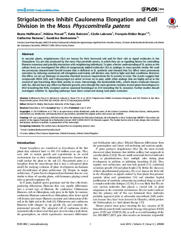 (PDF) Strigolactones Inhibit Caulonema Elongation and Cell Division in the Moss Physcomitrella ...