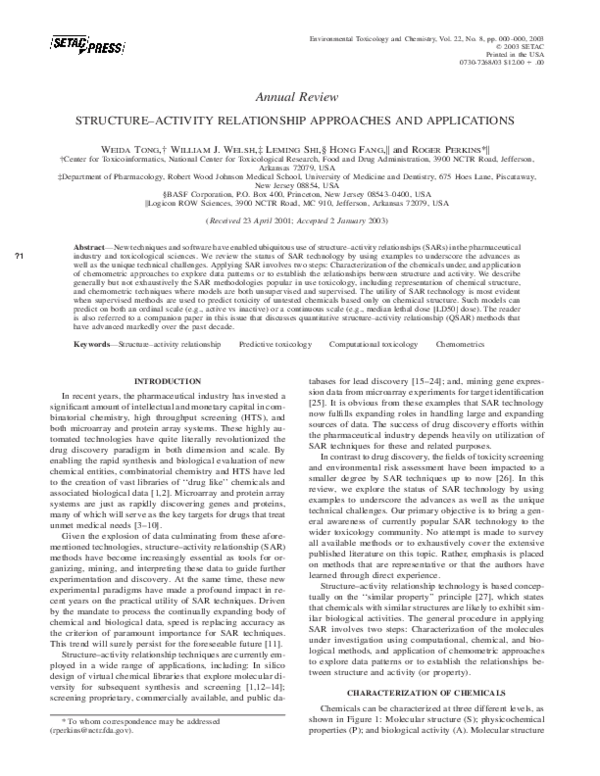 (PDF) STRUCTURE–ACTIVITY RELATIONSHIP APPROACHES AND APPLICATIONS