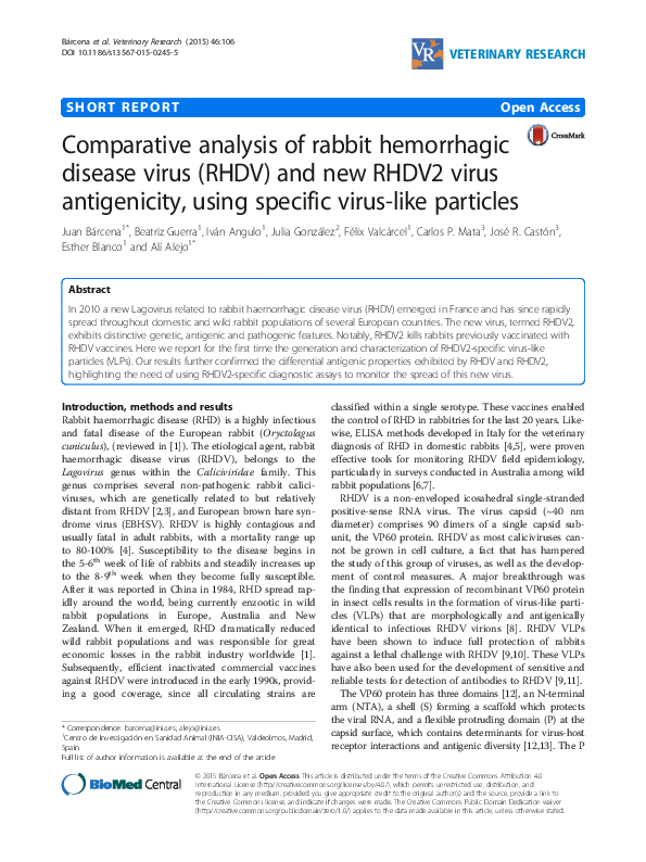 (PDF) Comparative analysis of rabbit hemorrhagic disease virus (RHDV) and new RHDV2 virus ...