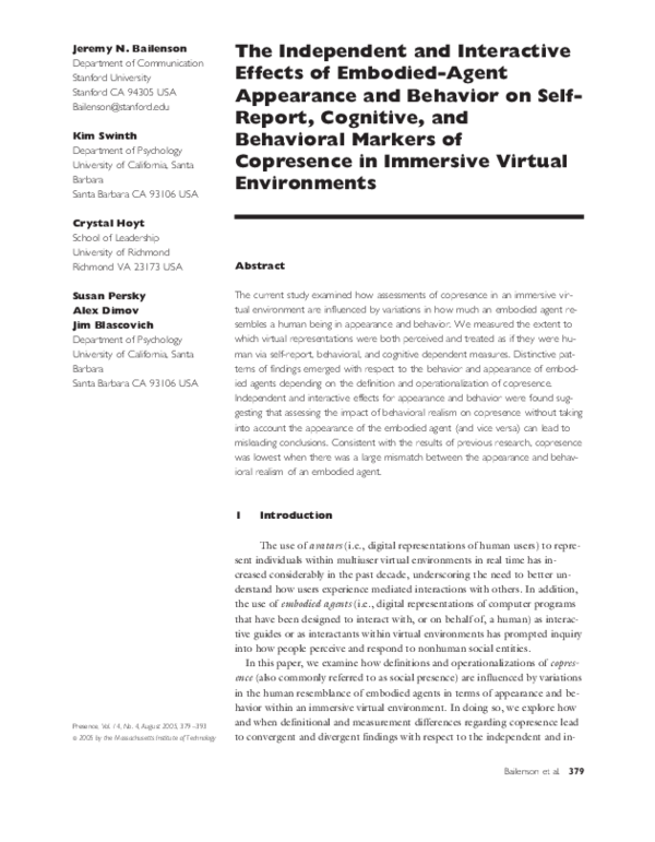 (PDF) The Independent and Interactive Effects of Embodied-Agent ...