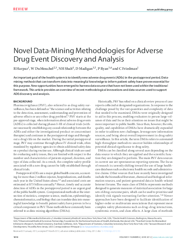 Pdf Novel Data Mining Methodologies For Adverse Drug Event Discovery And Analysis