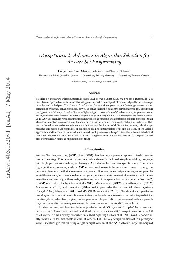 (PDF) claspfolio 2: Advances in Algorithm Selection for Answer Set ...