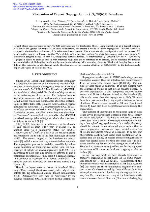 (PDF) Mechanism of dopant segregation to SiO2/Si(001) interfaces