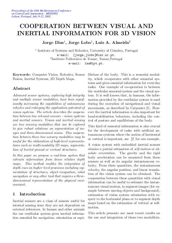 (PDF) Cooperation between visual and inertial information for 3d vision