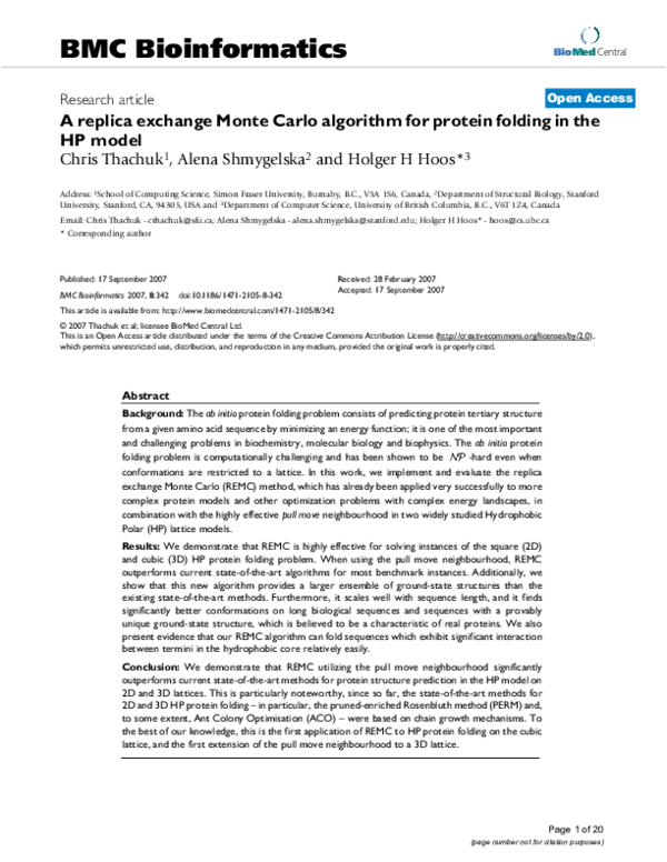 (PDF) A replica exchange Monte Carlo algorithm for protein folding in the HP model