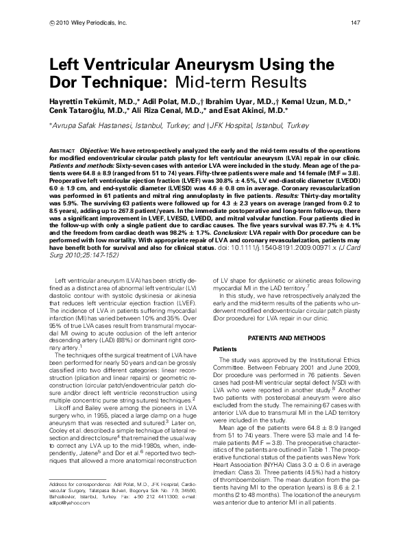 (PDF) Left Ventricular Aneurysm Using the Dor Technique: Mid-term Results