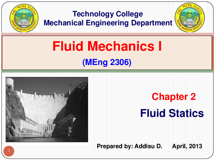 (PDF) Fluid Statics Fluid Mechanics I (MEng 2306) Technology College ...