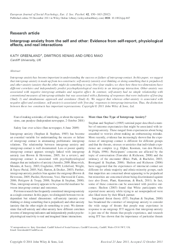 (PDF) Intergroup anxiety from the self and other: Evidence from self ...