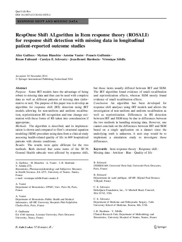 (PDF) RespOnse Shift ALgorithm in Item response theory (ROSALI) for response shift detection ...