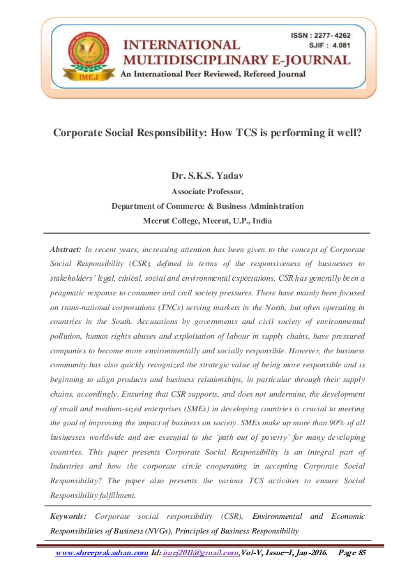 (PDF) Corporate Social Responsibility: How TCS is performing it well