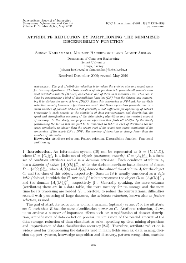 (PDF) ATTRIBUTE REDUCTION BY PARTITIONING THE MINIMIZED DISCERNIBILITY FUNCTION