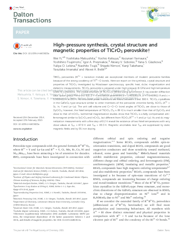 (PDF) High-pressure synthesis, crystal structure and magnetic properties of TlCrO3 perovskite