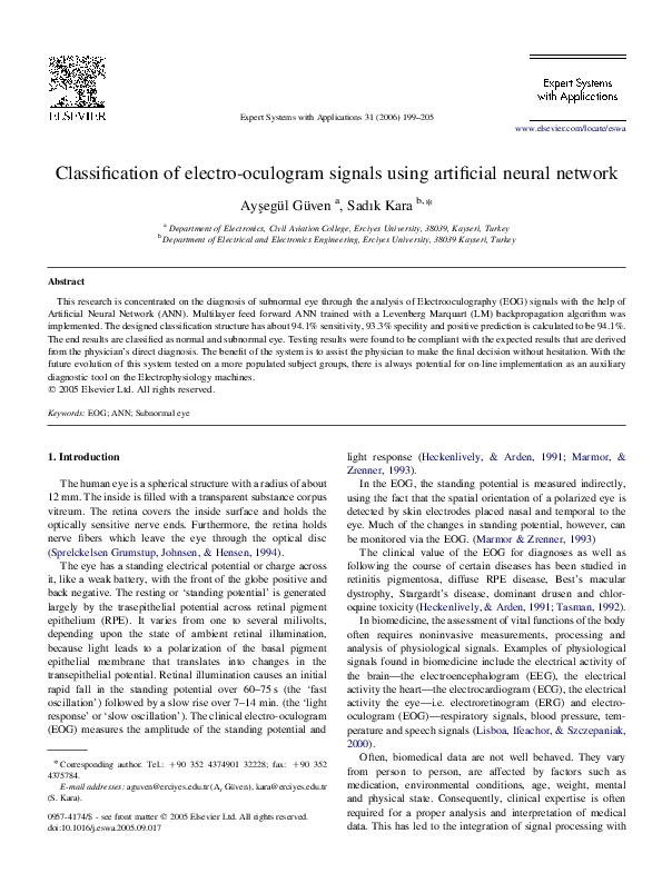 (PDF) Classification of electro-oculogram signals using artificial neural network | Sadık Kara ...