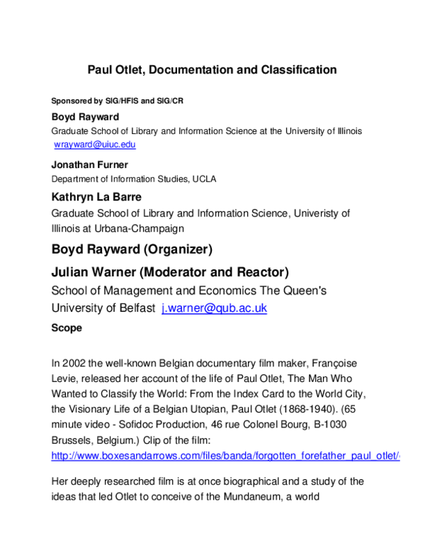 (PDF) Paul Otlet, documentation and classification