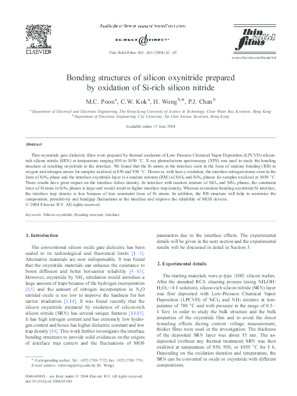 (PDF) Bonding structures of silicon oxynitride prepared by oxidation of ...