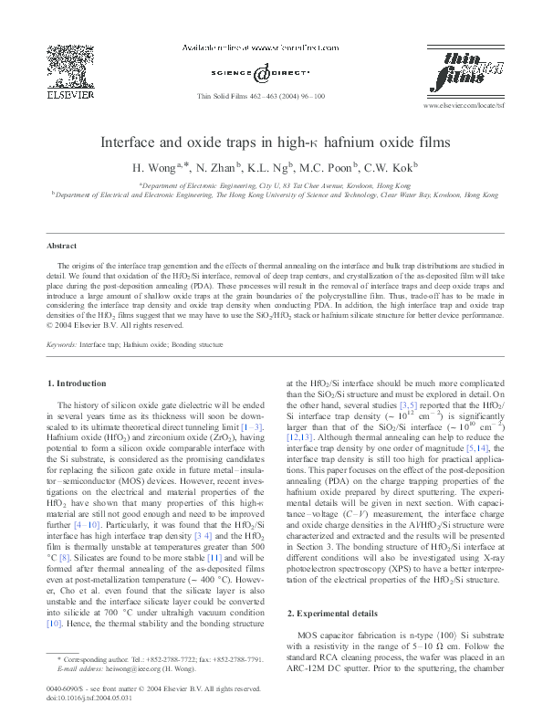 (PDF) Interface and oxide traps in high-κ hafnium oxide films