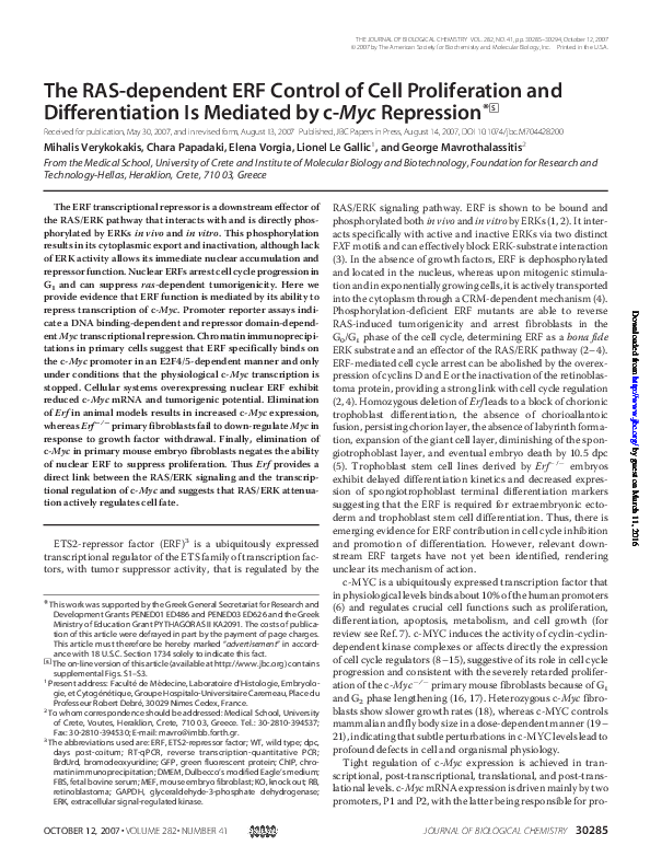 (PDF) The RAS-dependent ERF Control of Cell Proliferation and Differentiation Is Mediated by c ...