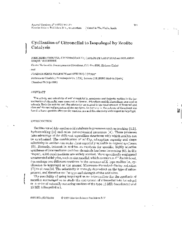 (PDF) Cyclization of Citronellal to Isopulegol by Zeolite Catalysis ...