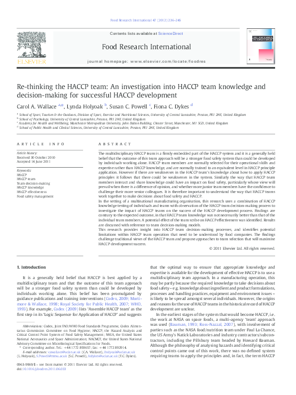 (PDF) Re-thinking the HACCP team: An investigation into HACCP team ...