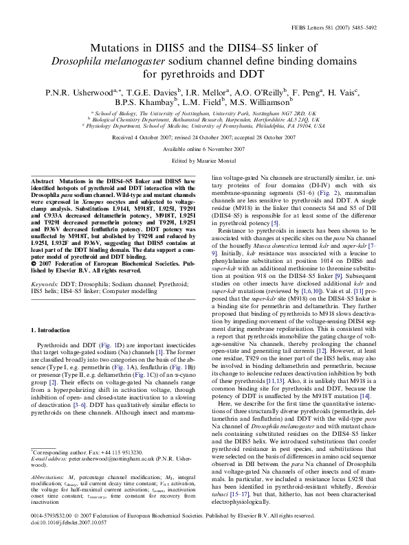(PDF) Mutations in DIIS5 and the DIIS4–S5 linker of Drosophila melanogaster sodium channel ...