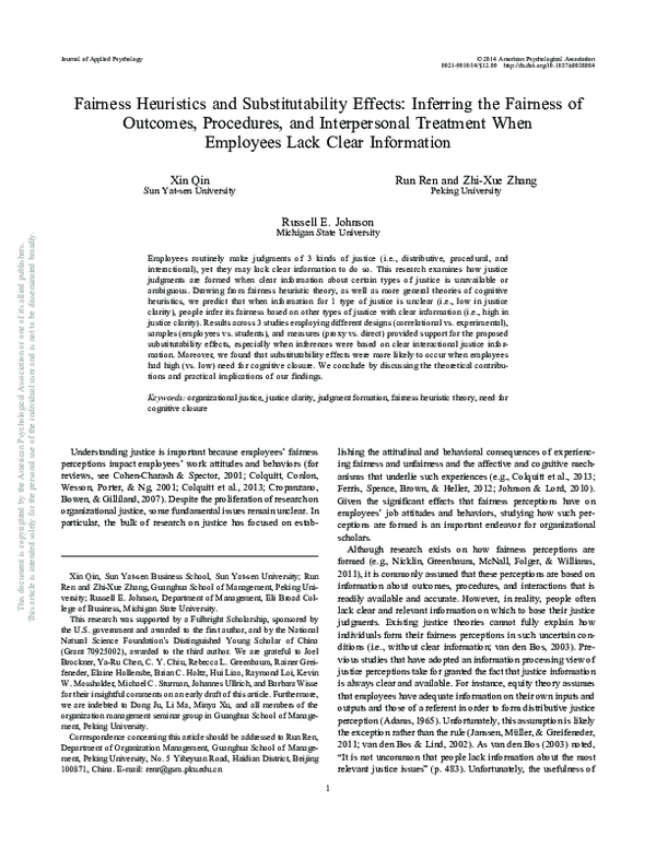 (PDF) Fairness Heuristics and Substitutability Effects: Inferring the Fairness of Outcomes ...