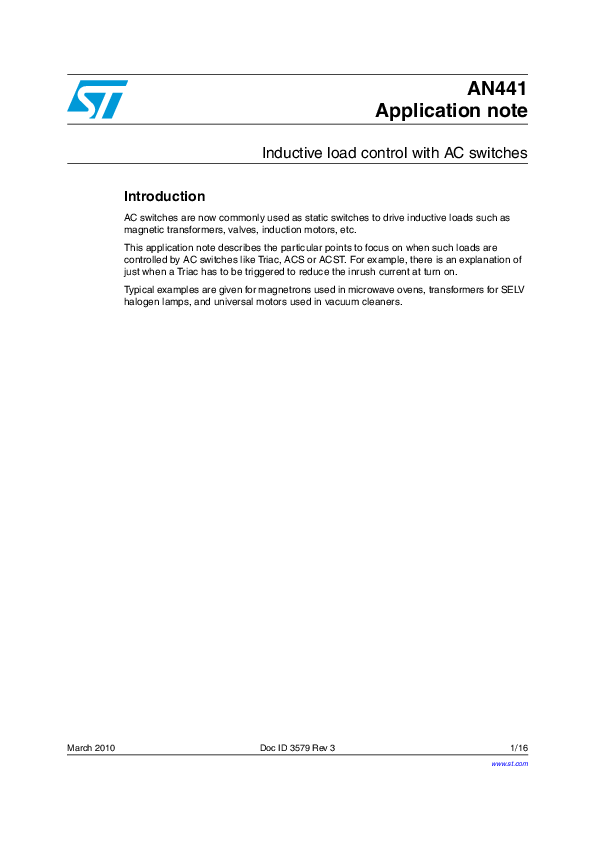 (PDF) AN441 Application note Inductive load control with AC switches