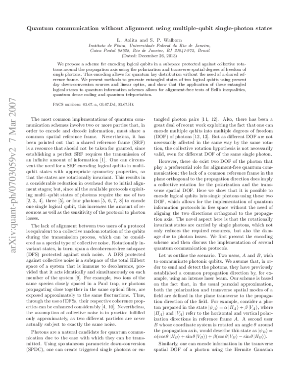 Pdf Quantum Communication Without Alignment Using Multiple Qubit