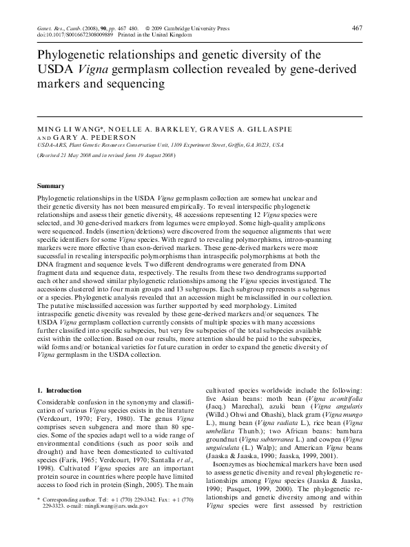 (PDF) Phylogenetic relationships and genetic diversity of the USDA ...