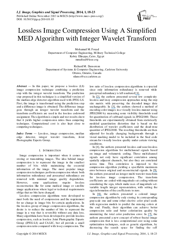 Pdf Lossless Image Compression Using A Simplified Med Algorithm With Integer Wavelet Transform