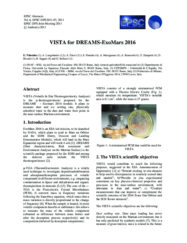 (PDF) VISTA for DREAMS-ExoMars 2016 | Emiliano Zampetti - Academia.edu