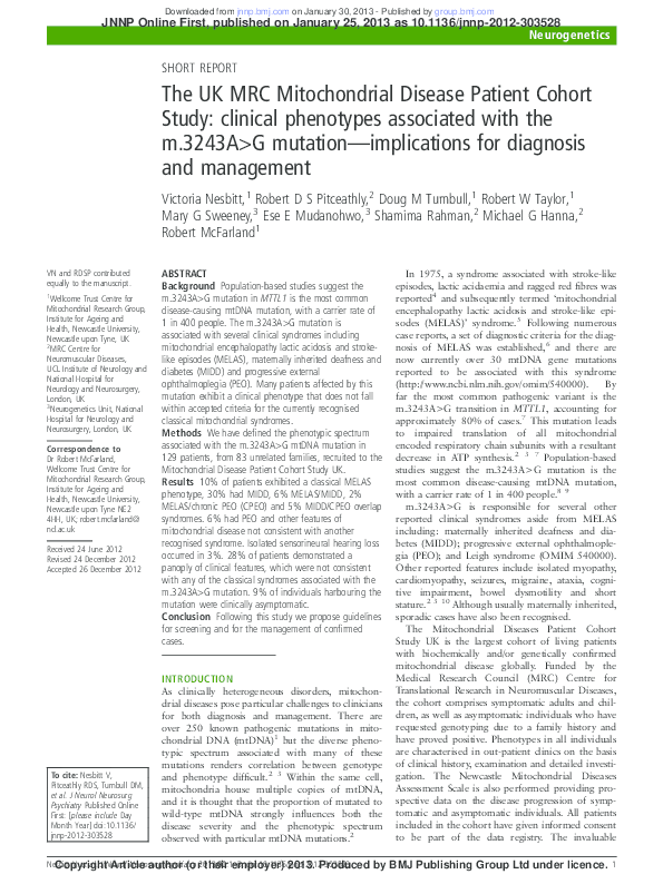 (PDF) The UK MRC Mitochondrial Disease Patient Cohort Study: clinical ...