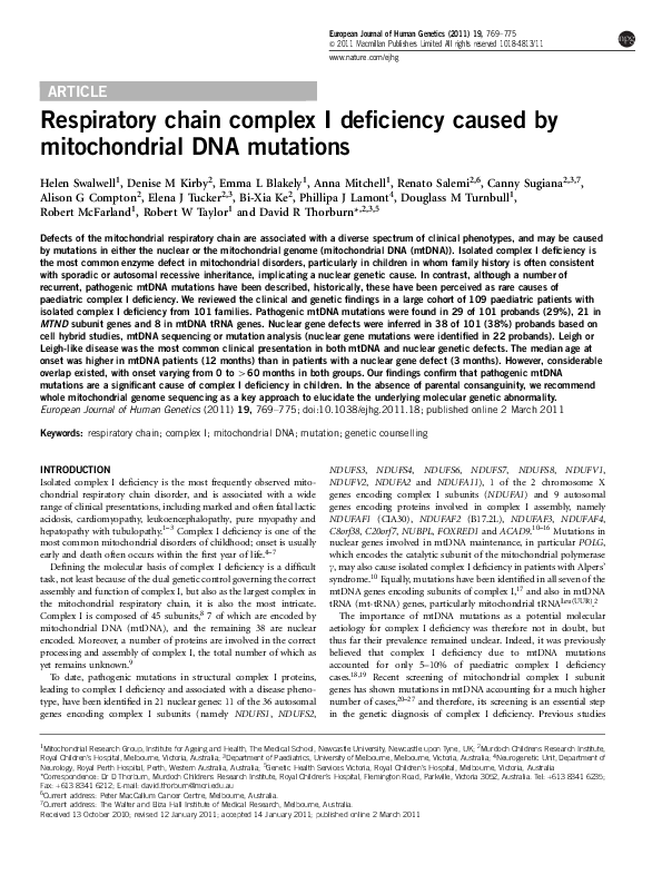 (PDF) Respiratory chain complex I deficiency caused by mitochondrial ...