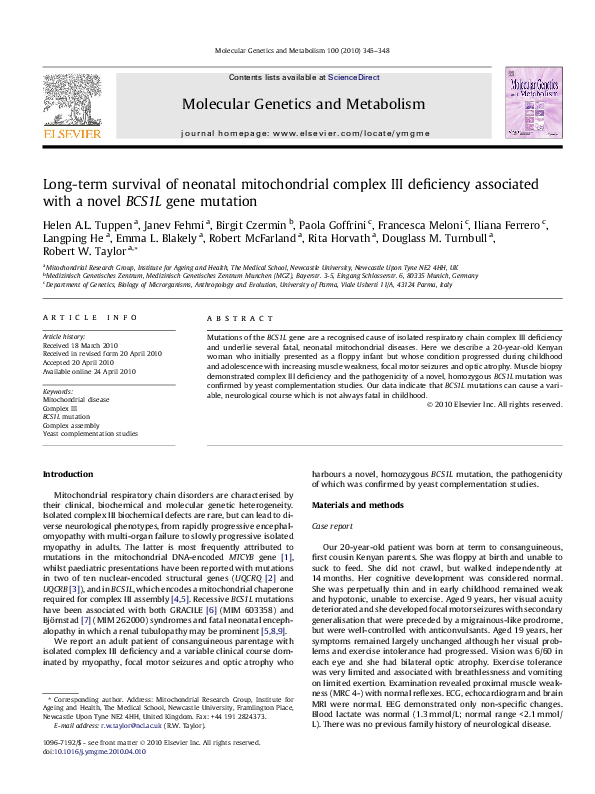 (PDF) Long-term survival of neonatal mitochondrial complex III ...