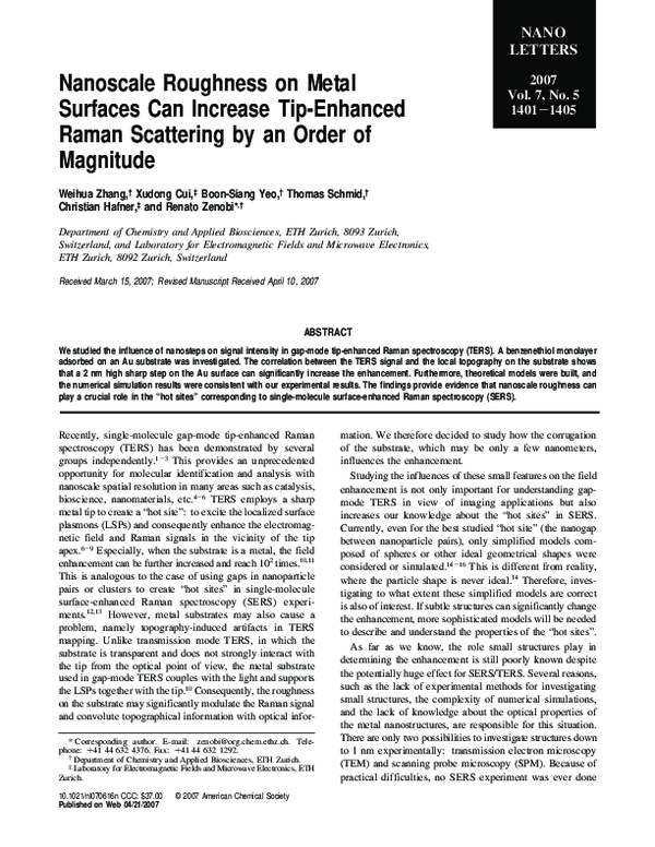 (PDF) Nanoscale Roughness on Metal Surfaces Can Increase Tip-Enhanced Raman Scattering by an ...