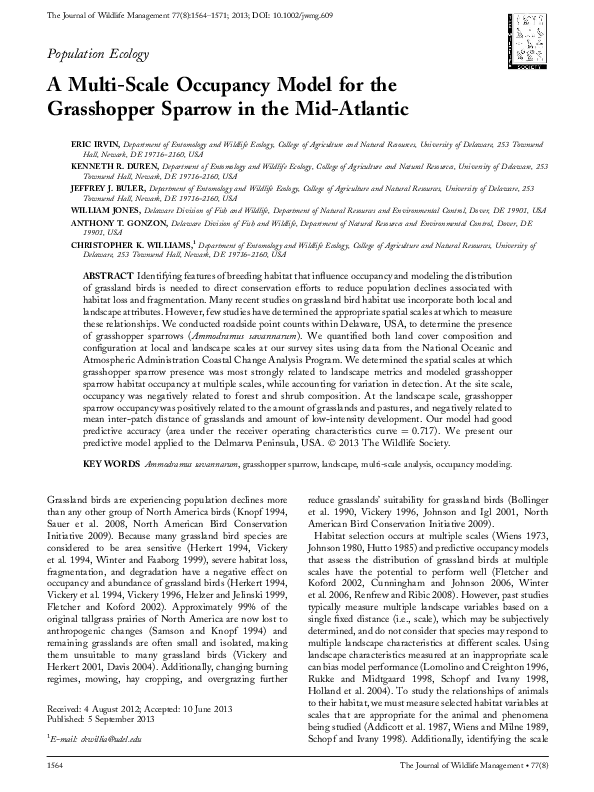 (PDF) A multi-scale occupancy model for the grasshopper sparrow in the Mid-Atlantic