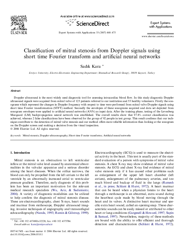 (PDF) Classification of mitral stenosis from Doppler signals using short time Fourier transform ...