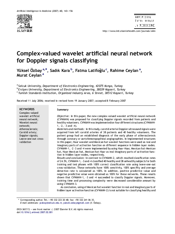 (PDF) Complex-valued wavelet artificial neural network for Doppler signals classifying