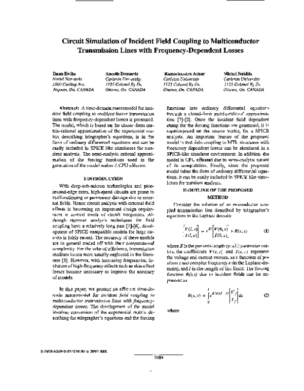 (PDF) Circuit simulation of incident field coupling to multiconductor transmission lines with ...