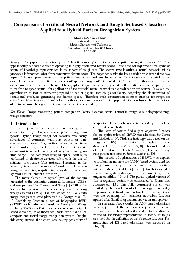 (PDF) Comparison of artificial neural network and rough set based classifiers applied to a ...