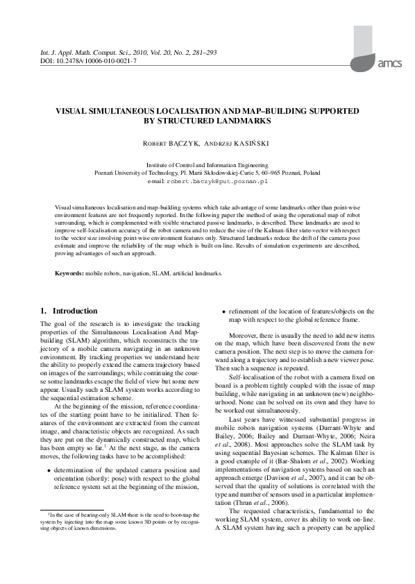 (PDF) Visual simultaneous localisation and map-building supported by structured landmarks