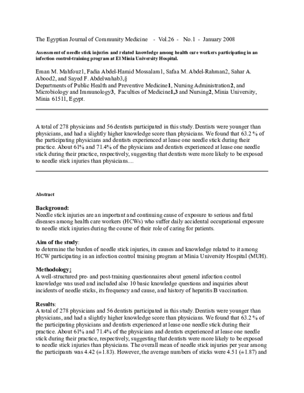 (DOC) Assessment of needle stick injury