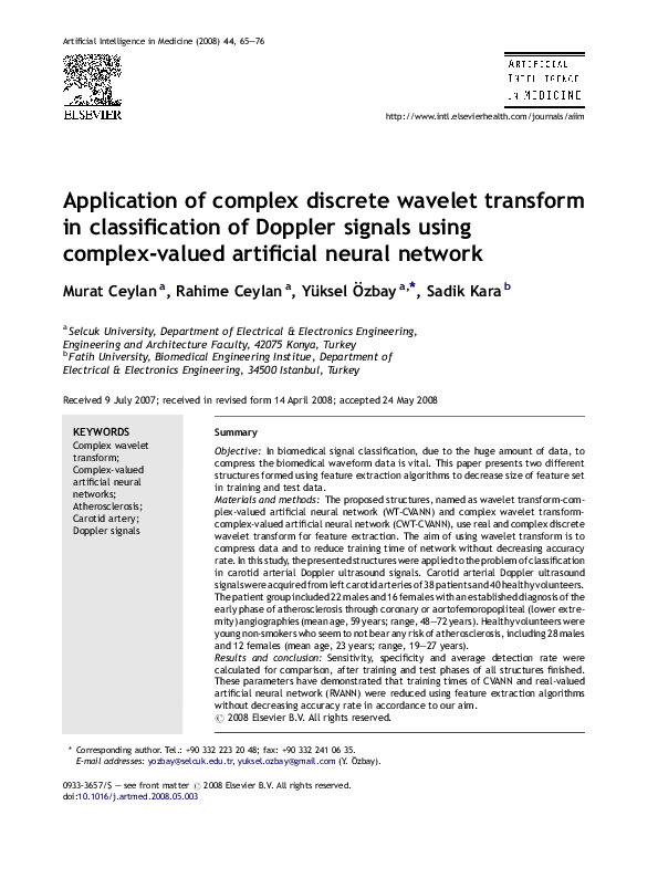 Pdf Application Of Complex Discrete Wavelet Transform In Classification Of Doppler Signals