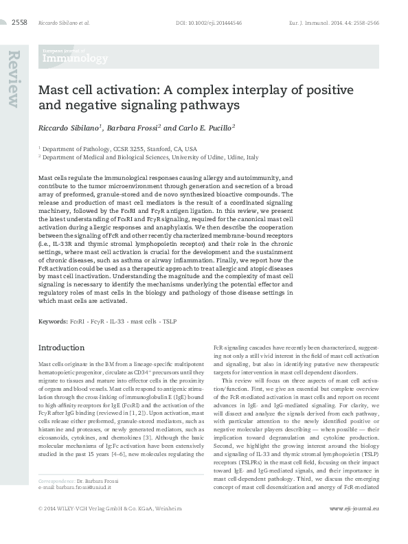 (PDF) Mast cell activation: A complex interplay of positive and ...