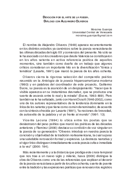 (PDF) DEVOCIÓN POR EL ARTE DE LA POESÍA. DIÁLOGO CON ALEJANDRO OLIVEROS