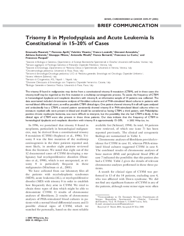 (PDF) Trisomy 8 in myelodysplasia and acute leukemia is constitutional ...