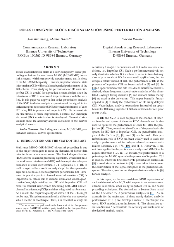 (PDF) Robust design of block diagonalization using perturbation analysis