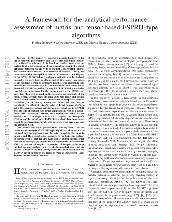 Pdf A Framework For The Analytical Performance Assessment Of Matrix And Tensor Based Esprit