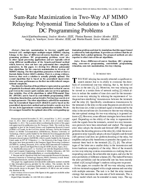(PDF) Sum-Rate Maximization in Two-Way AF MIMO Relaying: Polynomial Time Solutions to a Class of ...