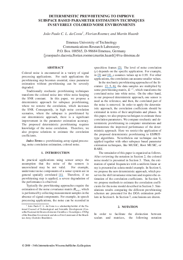 Pdf Deterministic Prewhitening To Improve Subspace Based Parameter Estimation Techniques In