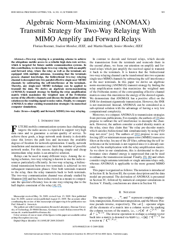(PDF) Algebraic Norm-Maximizing (ANOMAX) Transmit Strategy for Two-Way ...